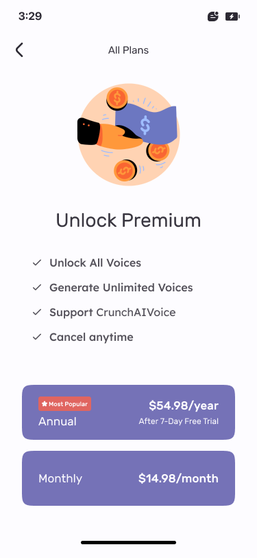 Crunch AI Voice Generator App Android + iOS Flutter UI kit by gwinyain1